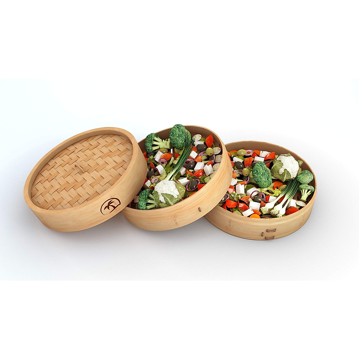 DEALZNDEALZ 3-Piece Bamboo Steamer Basket with Lid 10-inch 2-Tier, 50 Perforated Bamboo Steamer Liners with 2-Pairs of Bamboo Chopsticks