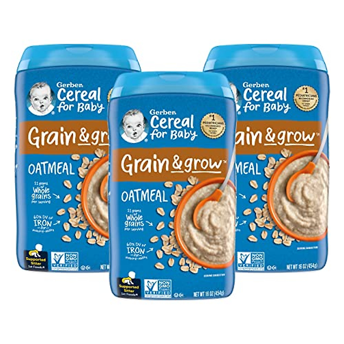 Gerber Cereal for Baby 1st Foods Grain & Grow Cereal, Oatmeal Cereal, Made with Whole Grains & Essential Nutrients, Non-GMO, 16-Ounce Canister (Pack of 3)