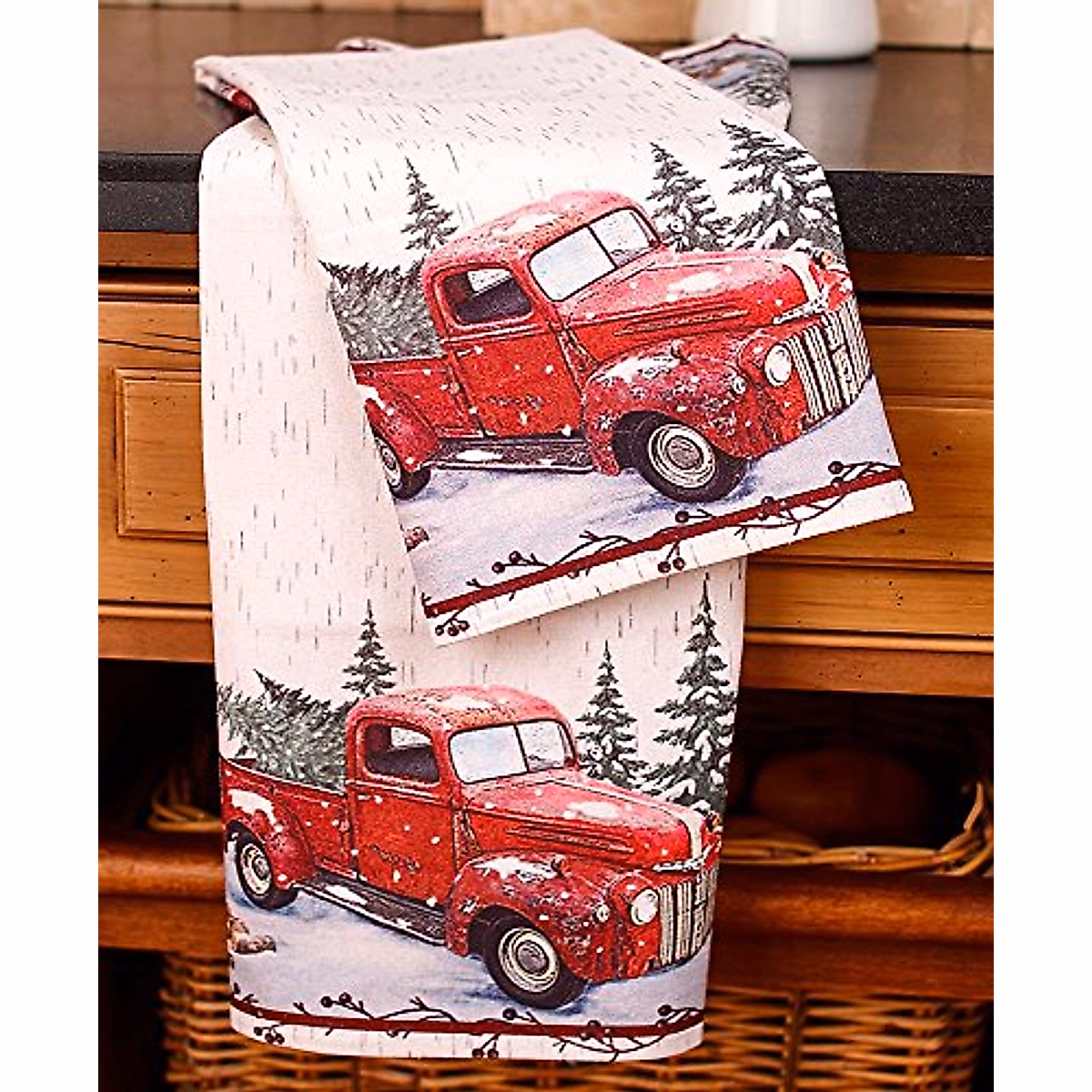 The Lakeside Collection Vintage Country Dish Towels with Red Pick Up Truck - Set of 2
