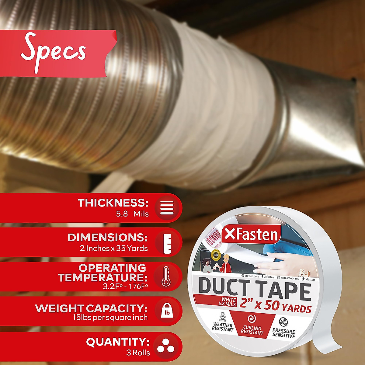 XFasten Duct Tape White, 2 Inches x 50 Yards, All-Weather Duct Repair Tape for Heavy-Duty Repair, Patching, Packing | High Tensile Strength & Shear Stress Resistance | Cold and Snow Resistant