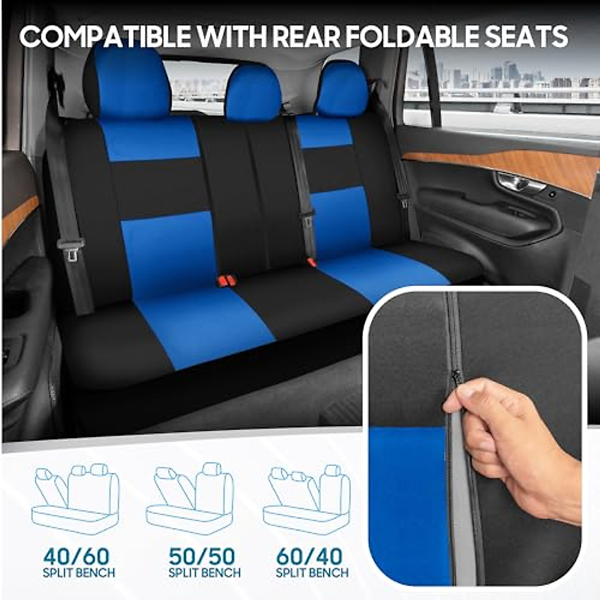 BDK PolyPro Car Seat Covers Full Set in Blue on Black, Front and Rear Split Bench Seat Covers for Cars, Easy to Install Car Seat Cover Set, Car Accessories for Auto Trucks Van SUV - Blue