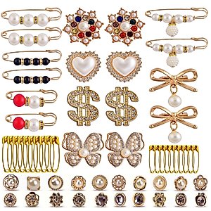 Charms for Socks Safety Pins 54pcs Brooches and Pins for Women Gold Junk Sock Charms Pins Jewelry Accessories Bulk Rhinestone Pearl Brooch Pins Button Pins for Women Clothes Hats Shoes Scarf Shawl