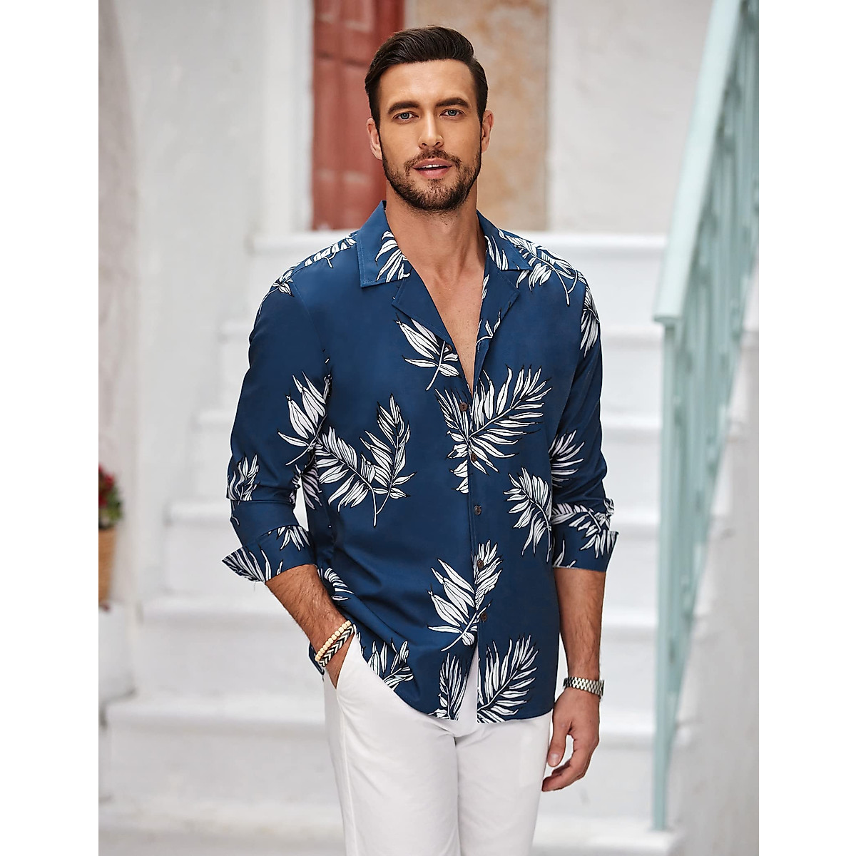 COOFANDY Long Sleeve Hawaiian Shirts for Men Palm Leaf Printed Button Down Shirts Cuban Collar Hawaiian Floral Shirt Palm Leaf L
