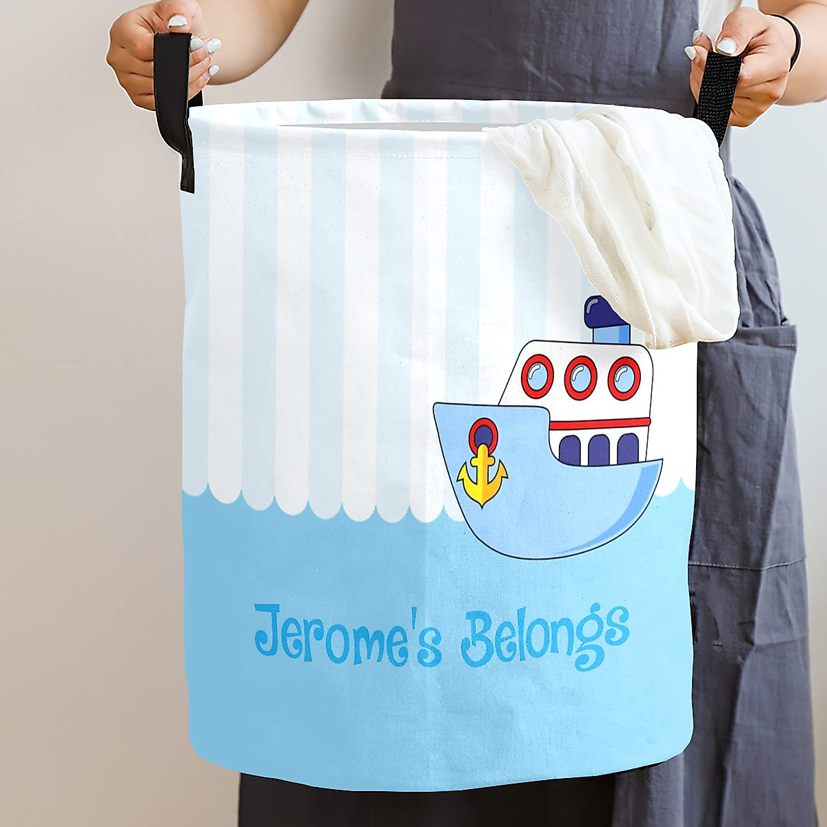 Custom Laundry Hamper, Cartoon Striped Blue Ship Boat Laundry Basket Round Clothes Storage Basket for Bedroom, 14.17x19.68 in