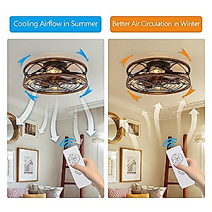 TIFEROR Caged Ceiling Fan with Light, 20 in Bladeless Ceiling Fan with Remote Control, 3 Speeds Low Profile Modern Enclosed Ceiling Fans with Reversible Motor, Matte Black (5 E26 Bulb Include)