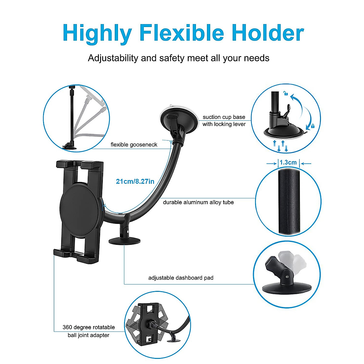 woleyi Windshield Car Tablet Mount, Car/Truck Window Dashboard Tablet Holder with Long Arm Suction Cup, Compatible with iPad Pro/Air/Mini, Galaxy Tab/Z Fold, iPhone, More 4-13" Cell Phones and Tablets