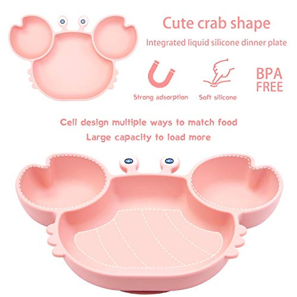 Silicone Suction Plate for Toddlers with Fork Spoon Set - Self Feeding Training Divided Plate Dish and Bowl for Baby and Toddler, Fits for Most Highchairs Trays (Pink)