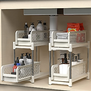 Under Sink Organizers and Storage,2 Tier Pull Out Bathroom Sink Organizer, Sliding Cabinet Basket Organizer with 4 Hooks,2 Hanging Cups, Under Sink Storage for Bathroom, Kitchen, Cleaning Supplies.