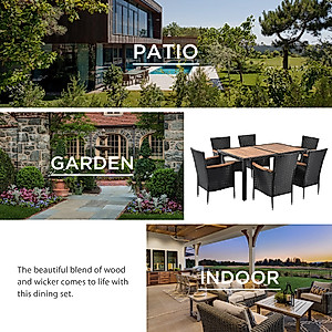 Aiuyesuo 7-Piece Outdoor Patio Dining Set, Garden PE Rattan Wicker Dining Table and Chairs Set, Acacia Wood Tabletop, Stackable Armrest Chairs with Cushions for Backyards Porches Poolside (Brown-13)