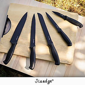 Knfie Set, Jiaedge 19 Pcs Kitchen Knife Set with Block, Dishwasher Safe Knife Block Set, 6 Serrated Steak Knives, Black