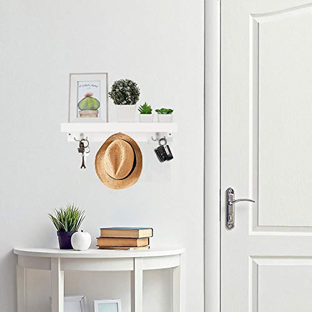 Satauko Wall Mounted Coat Rack Shelf Décor for Photo Ledge Display, Wood Wall Key Holder Hooks Storage, White Floating Shelves Organizer for Entryway, Kitchen, Bathroom.