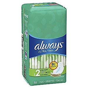 Always Ultra Thin Size 2 Super Pads With Wings Unscented, 32 Count (Pack of 1)