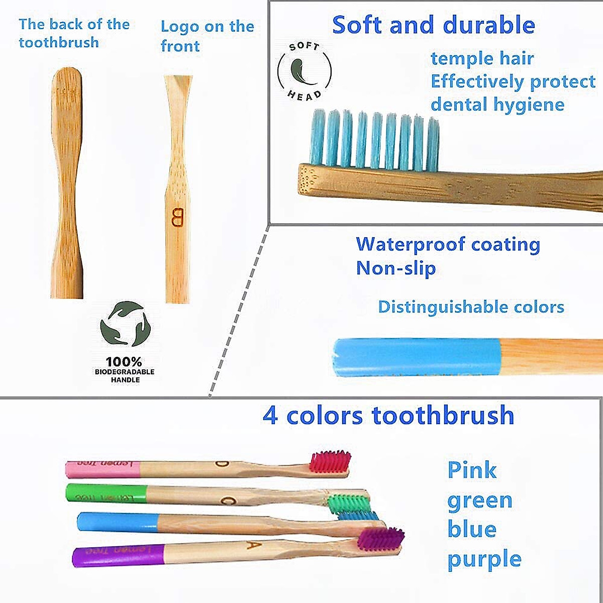 Bamboo Toothbrush （4-pack with Cases ）- Soft Eco Friendly, with 4 Pc Travel Toothbrush Case and 10 pack Dental Floss - Bpa Free Biodegradable - Wood Kit