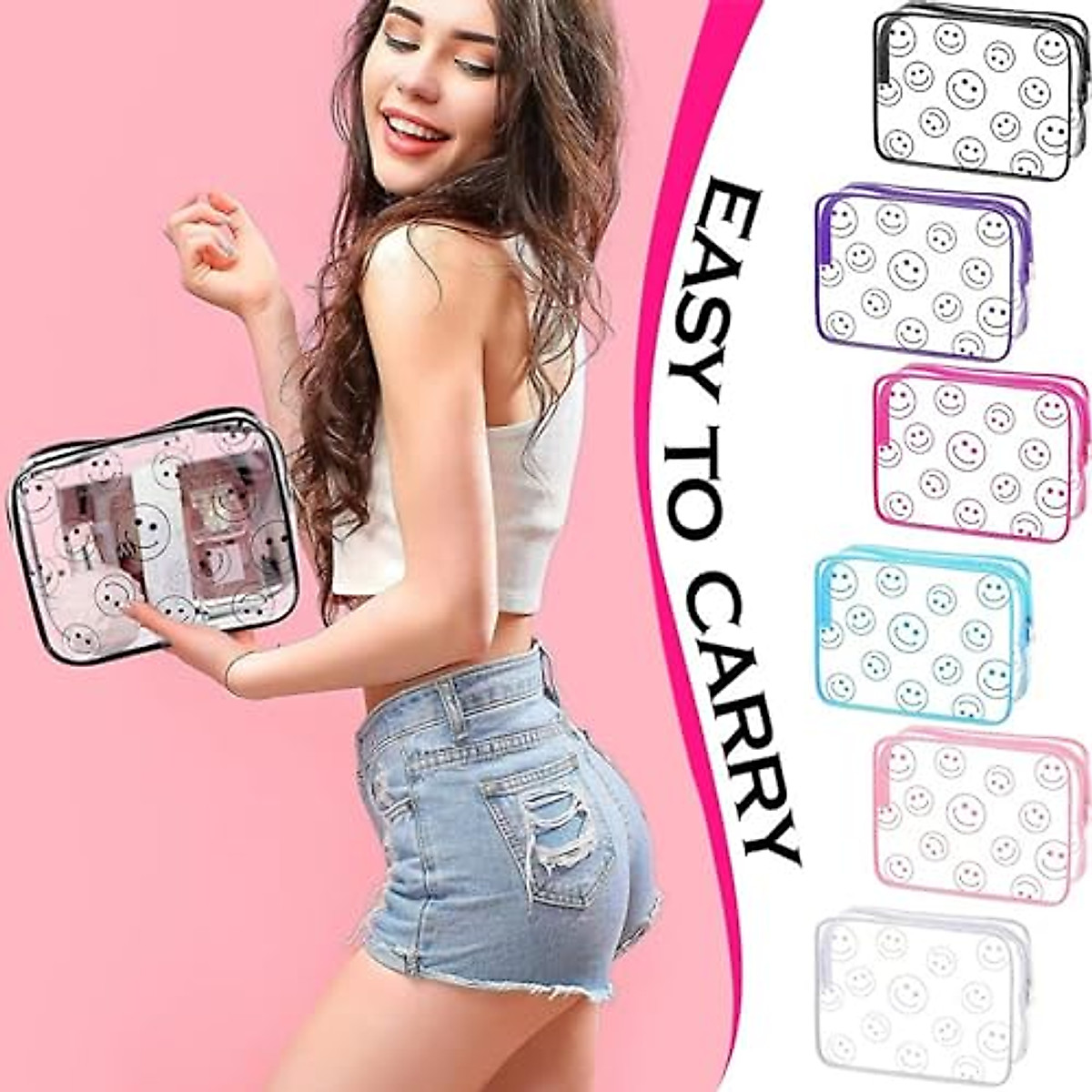 Clear Cosmetic Bags Smile Face Clear Makeup Bag Toiletry Bag for Women Waterproof Portable Cosmetic Bag Set Traveling Make up Bag Organizer (Black)