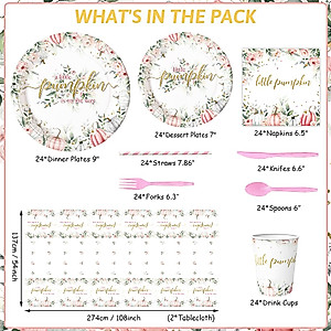 AIBIIN 192PCS Pumpkin Baby Shower Party Supplies Decorations for Girl Pink Little Pumpkin Baby Shower Disposable Tableware Set with Plates Napkins and Tablecloth Serves 24 Guests
