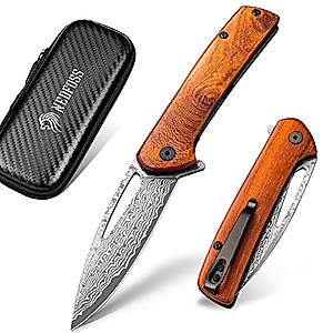 NedFoss PEGASUS Damascus Pocket Knife for Men, 3.5" Ladder Pattern Damascus Steel Folding Knife with Rosewood Handle, Ball Bearings Pivot, Deep Carry Clip, EDC Knife Camping Gifts for Men Women