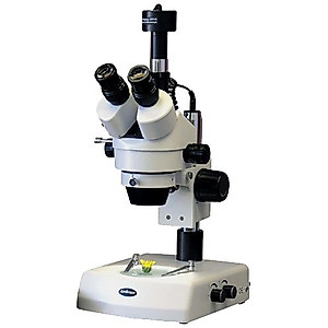 Amscope SM-2TZ-M Digital Professional Trinocular Stereo Zoom Microscope, WH10x Eyepieces, 3.5X-90X Magnification, 0.7X-4.5X Zoom Objective, Upper and Lower Halogen Lighting, Pillar Stand, 110V-120V, Includes 0.5X and 2.0X Barlow Lenses and 1.3MP Camera wi
