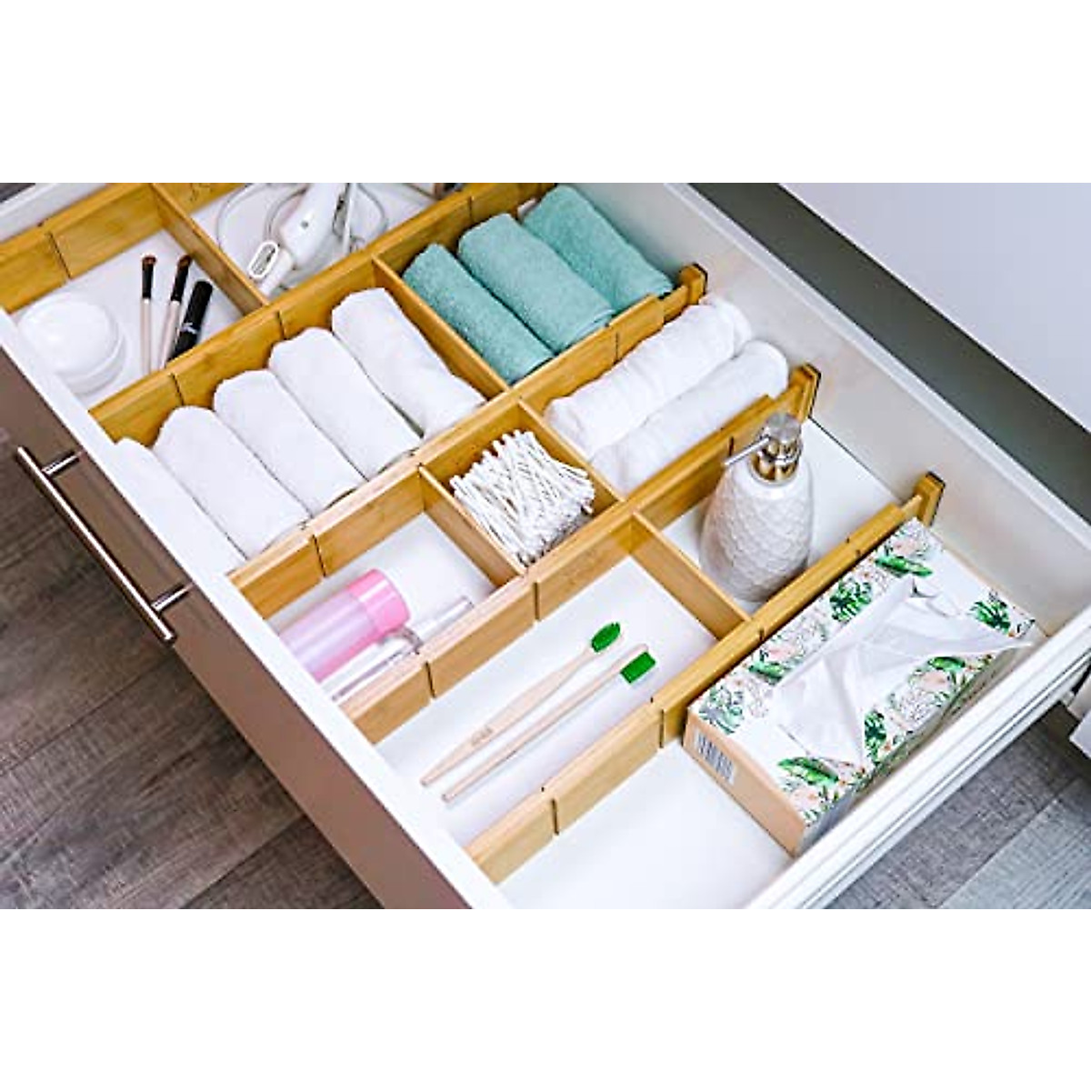 ecozoi Bamboo Drawer Divider Organizers, Set of 6 Dividers with 8 Connectors for Flexible Organizing