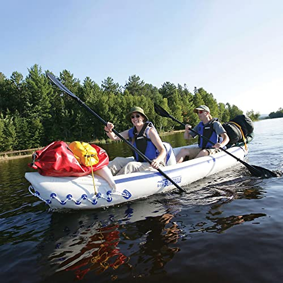 Sea Eagle SE370SK_P 3 Person Blow Up Inflatable Lightweight Rugged Portable Sport Tandem Kayak Canoe Including Back Seats and Bag, White/Blue