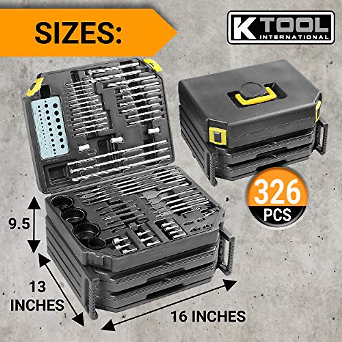 K Tool International 10330 Automotive Plastic/Steel/Wood Premium Drill Bit/Accessory Set for Garages, Repair Shops, and DIY, 16"x13"x9.5" Portable Carrying Case, (2) Folding Trays, Black, 326 Piece