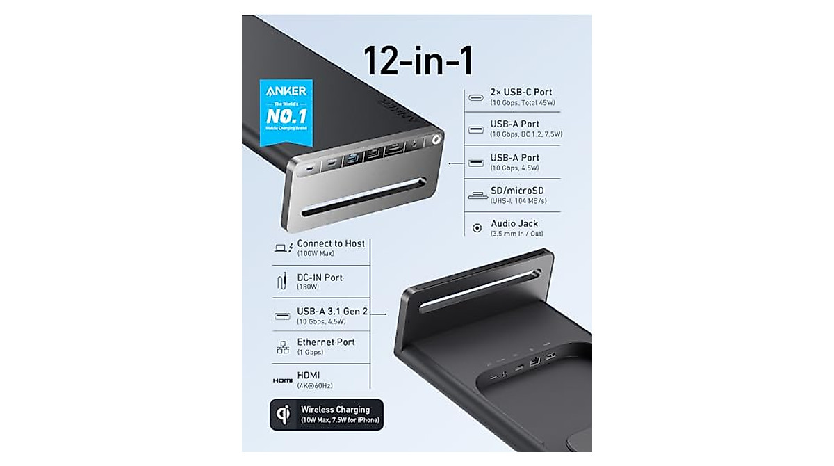 Anker 675 USB-C Docking Station - 12-in-1 with Monitor Stand & 4K HDMI