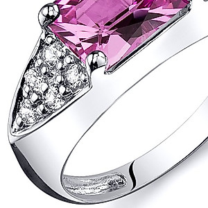 PEORA Created Pink Sapphire Statement Ring in Sterling Silver, Elegant Linear Design, Radiant Cut, 8x6mm, 2 Carats total, Comfort Fit, Size 9