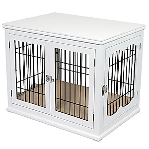 BIRDROCK HOME Decorative Dog Kennel with Pet Bed for Small Dogs - White - Double Door - Wooden Wire Dog House - Indoor Pet Dog Crate Side Table - Bed Nightstand