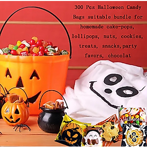 YVPSI 300pcs Halloween Treat Bags self Adhesive Candy Bag Halloween Cellophane Cookie Bags Halloween Goody Bags Snacks Gift Bags for Kids Halloween Candy Party Favors