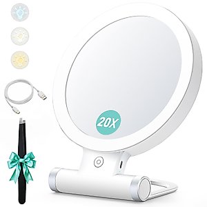 B Beauty Planet Magnifying Mirror with Light 20X/1X,Double Sided Tabletop Mirror with Adjustable Folding Handle,Cosmetic Mirror for Makeup/Travel, Tweezing, and Blackhead/Blemish Removal
