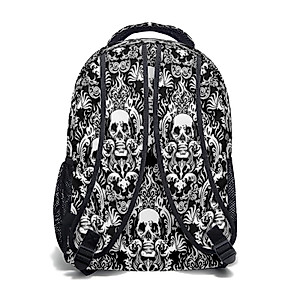 Black Skull Backpack Vintage Floral Casual School Bag Lightweight Zipper Laptop Bookbag Hiking Shoulder Daypack for Women Men
