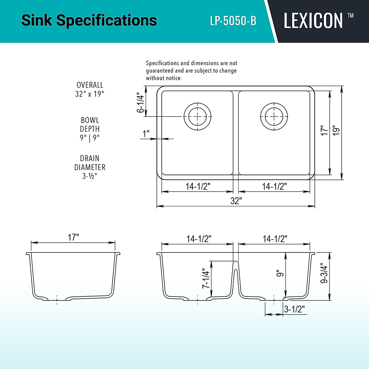 32" x 19" Quartz Kitchen Sink, 50/50 Double Bowl Kitchen Sinks, Drop-in Sink, Undermount Sink, Galaxy Beige Kitchen Sink, Double Sink Kitchen, Grids, Strainer and Flange, Lexicon Platinum LP-5050-B