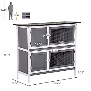 PawHut Wooden Bunny Rabbit Hutch, Small Animal Habitat with Ramp, Removable Tray & Weatherproof Roof, Indoor/Outdoor, Grey