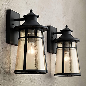 John Timberland Clement Mission Outdoor Wall Light Fixtures Set of 2 Cast Iron Black Metal 15" Clear Seedy Glass for Exterior House Porch Patio Outside Deck Garage Yard Front Door Garden Home