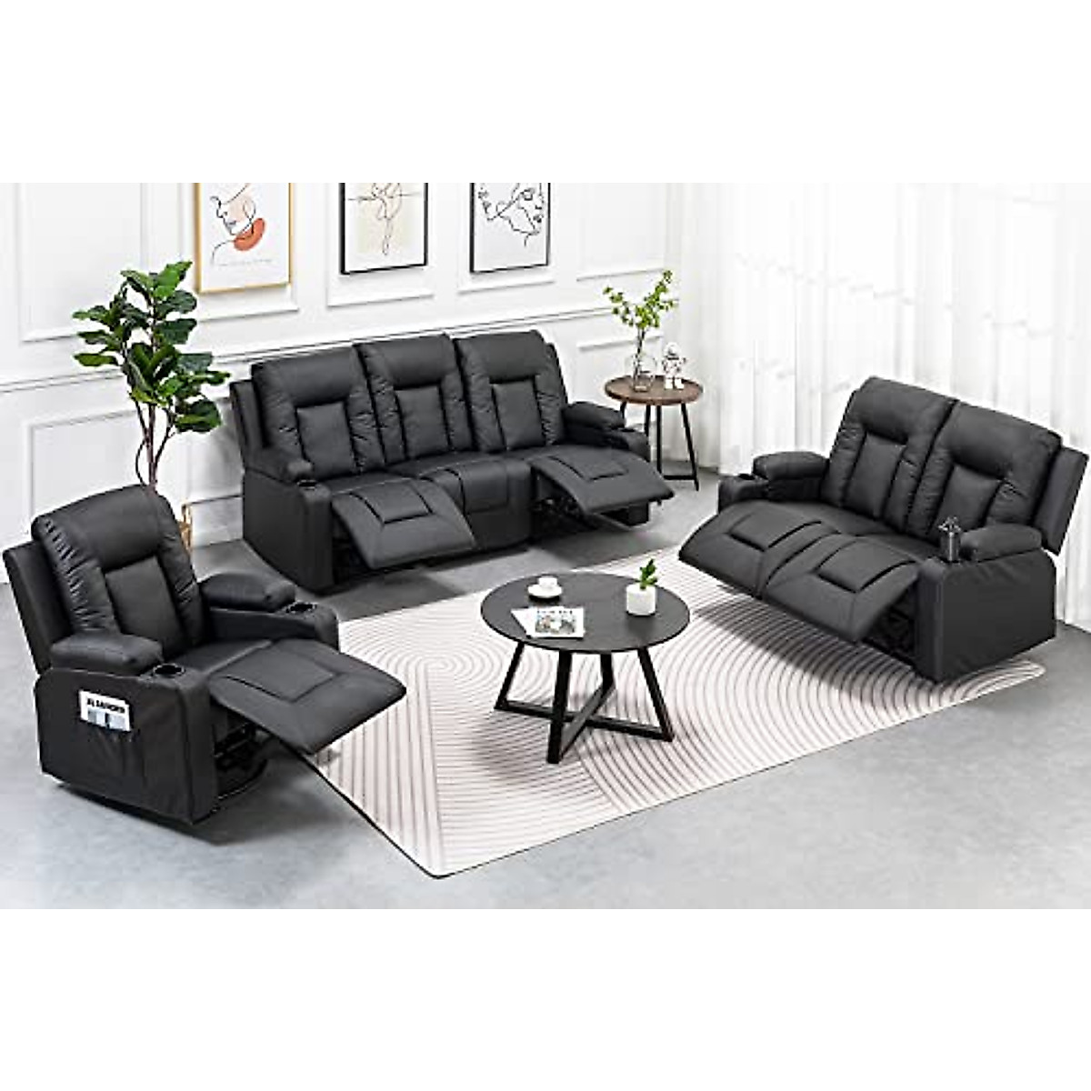COMHOMA Recline Chair Set，Furniture 3PC Bonded Leather Recliner Set Living Room Set, Sofa with massger(Black, 3+2+1)