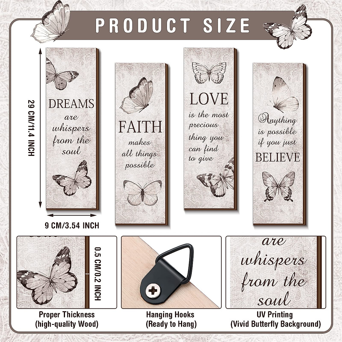 Qunclay 4 Pcs Butterfly Inspirational Quote Wooden Sign Love Faith Believe Dream Wall Decor Wood Flower Room Rustic Encouragement Signs for Home Decor Wall Bathroom(11 x 4 Inch)