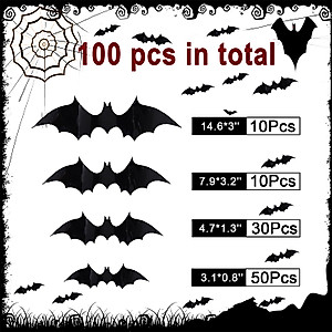 Lonfehaps 100 Pcs Bats Halloween Decoration Wall Stickers, 3D Halloween Bats Waterproof Wall Stickers 4 Size Black PVC Bat Wall Decal for Halloween Bathroom Home Decor Room Party Decor