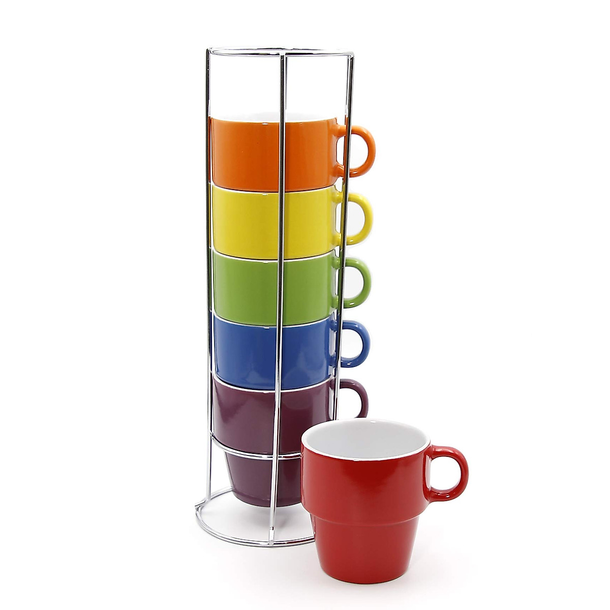 gypsy color The Original Brink House 12 OZ. Cappuccino Stacking Coffee Mug Set with Metal Stand, Multi-Colored Hand-Glazed Ceramic Stoneware