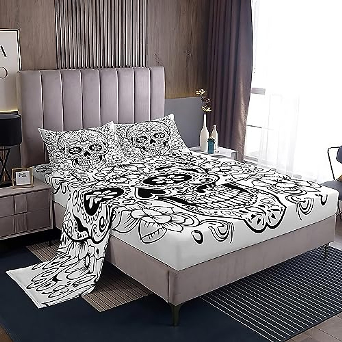 Day of the Dead Sheet Set Full Size - Sugar Skull Bed Sheets - Mexican Printed Bedding Sheets & Pillowcases - Super Soft & Deep Pocket & Winkle Free - 4 Piece ( Flat, Fitted Sheet & 2 Pillowcases)