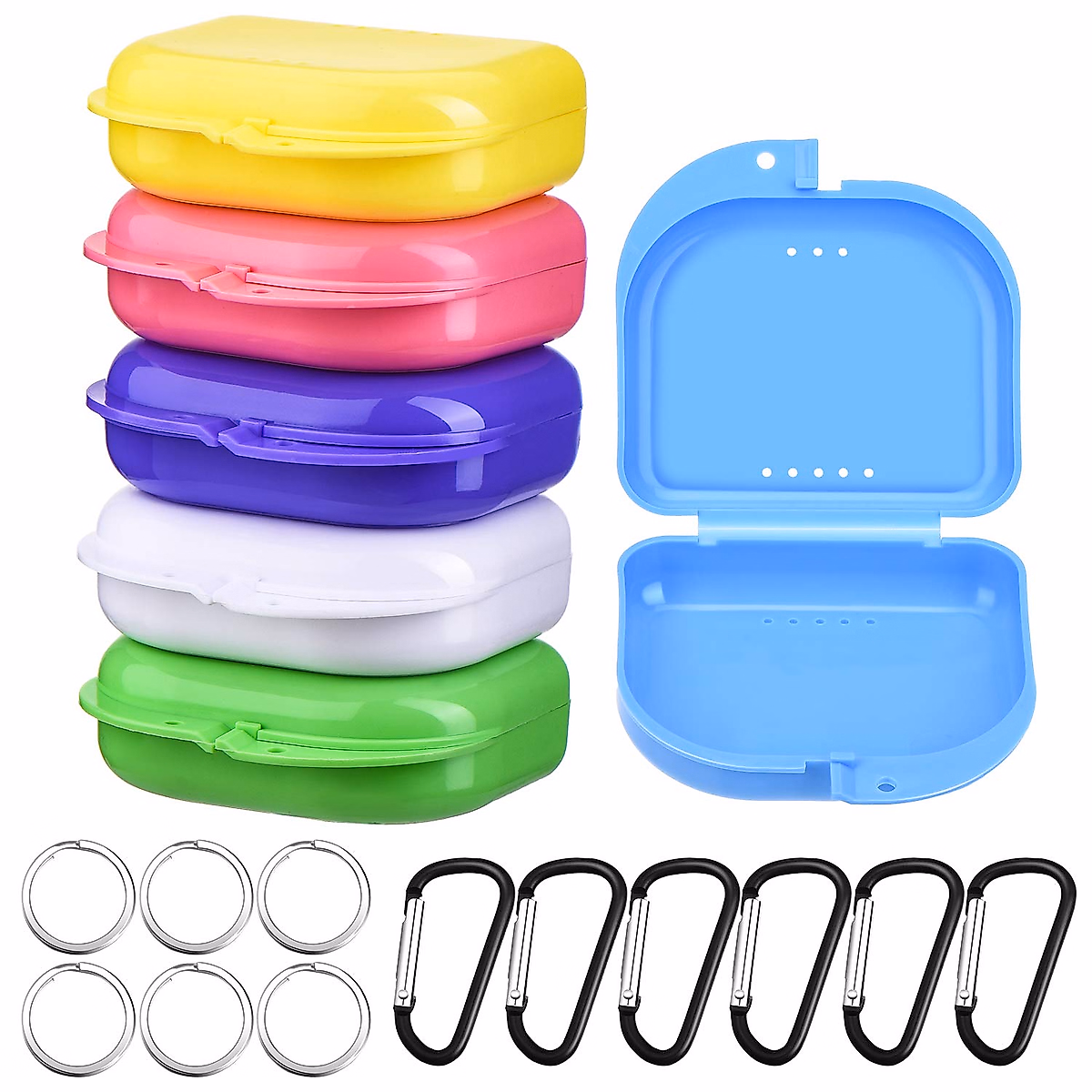 6 Pieces Retainer Cases Mouth Guard Container Case Multicolor Orthodontic Denture Storage Boxes with D-Shaped Buckles and Keychain Rings