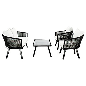 Safavieh Outdoor Collection Belmi Wicker Cushion 4-Piece Rope Patio Backyard Living Set PAT7517B, Black/Beige