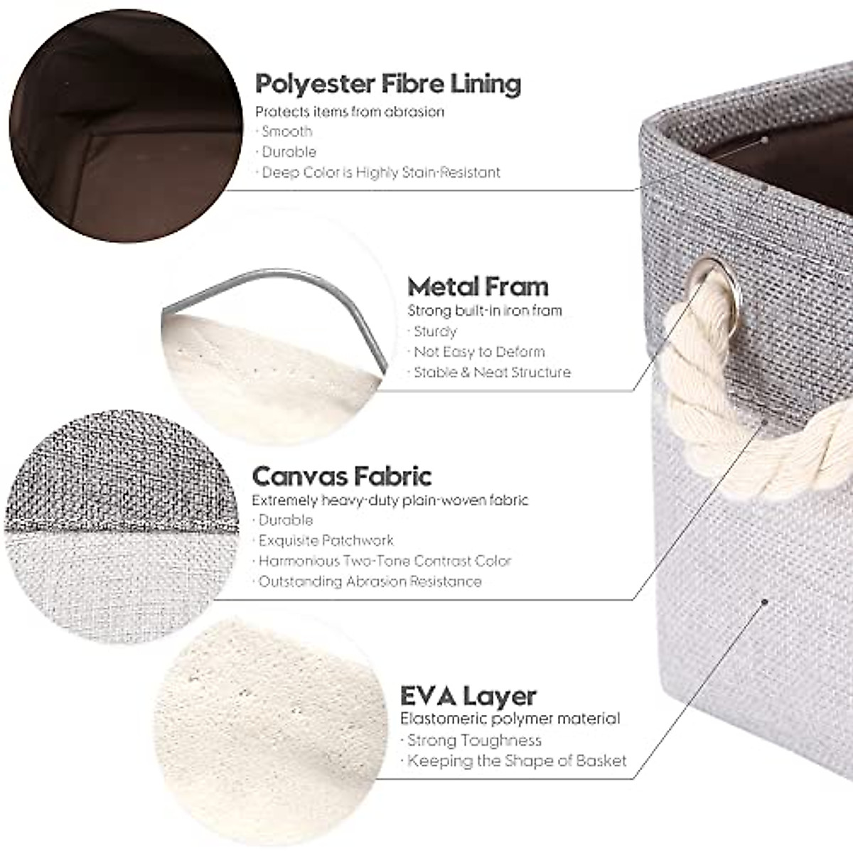 Sea Team 3-Pack Small Storage Basket Set, Storage Cube Organizer, Storage Bins, 12 x 8 x 5 Inches, Rectangle Canvas Fabric Collapsible Shelf Box with Handles for Kids Room (Ash Grey/Grey)