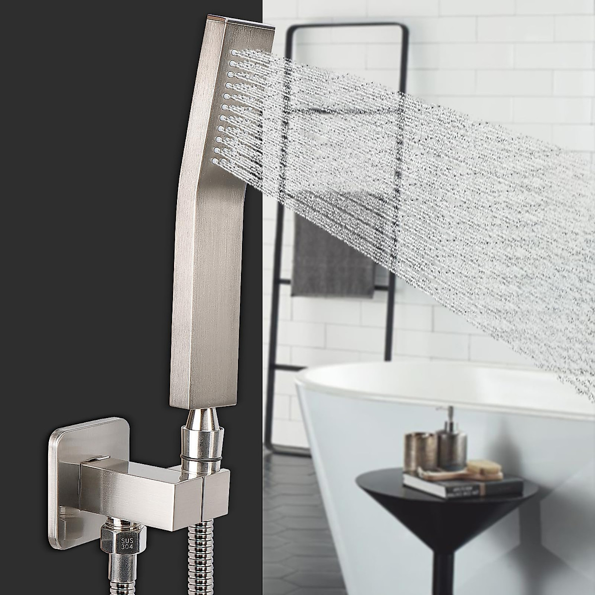 NearMoon Brass Hand Held Shower Head, Luxury High Pressure Showerhead Kit with Wall Connector and Hose Set, for Bathroom Showering System Contemporary Square Style (Brushed Nickel)