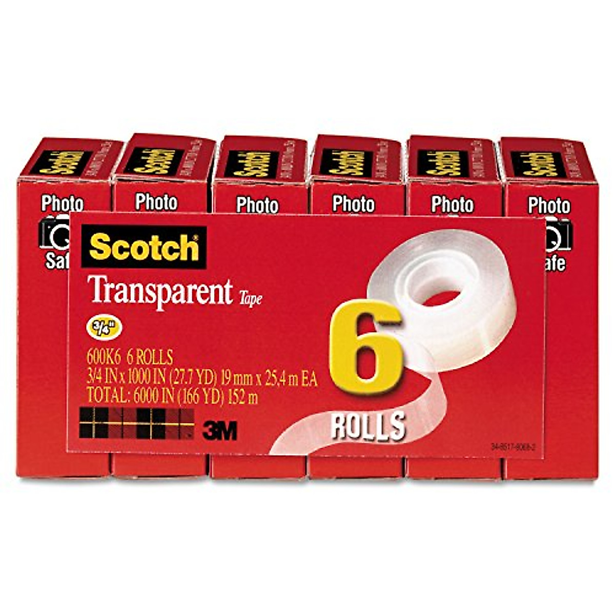 Scotch Transparent Tape, 3/4 in x 1000 in, 6 Boxes/Pack (600)