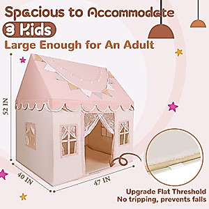 Kids Play Tent with Non-Slip Mat, Star Lights, Decorating Flag, Lace Curtains Playhouse with 4 Windows, Machine Washable, Indoor and Outdoor Play Tent for Kids, Girls, Pink, 47" x 40" x 52"