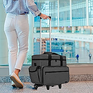 Teamoy Sewing Machine Case with Adjustable Wheels, Rolling Sewing Machine Tote with Wheels and Bottom Wooden Pad, Compatible with Singer, Brother and Most Majority Machines and Accessories, Black
