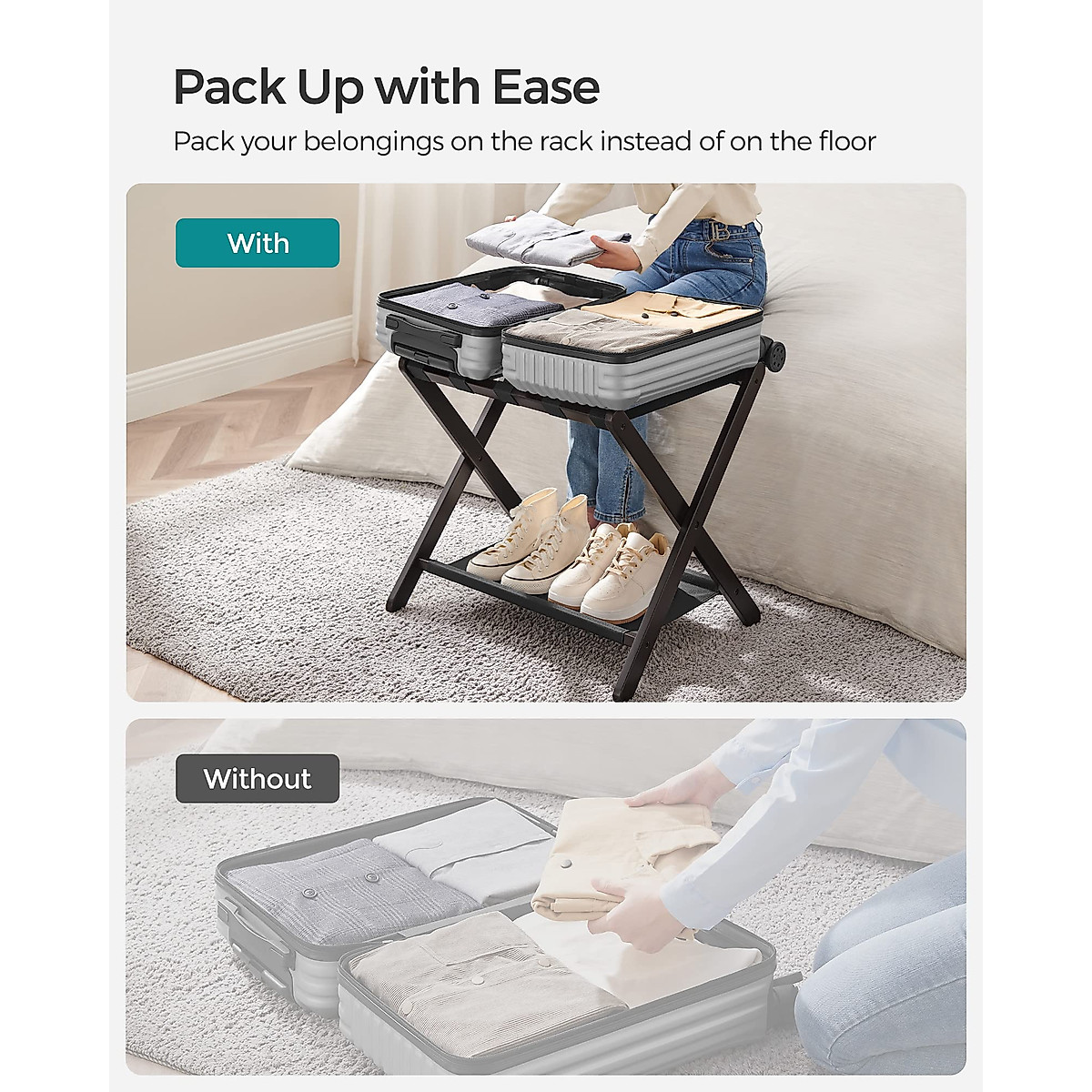 SONGMICS Luggage Rack, Wood Luggage Rack for Guest Room, Folding Suitcase Stand, for Hotel, Bedroom, Heavy-Duty, Holds up to 121 lb, Expresso and Black URLR006R01