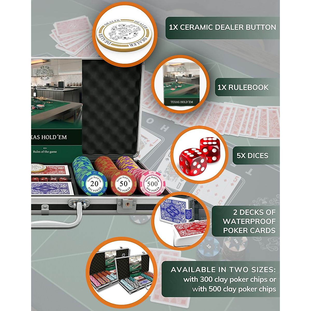 Bullets Poker Set with Designer Case Carmela – Deluxe Set, Chips and Cards, Rules Manual, Dealer Button and Bullets Plastic Playing Cards – Comes with a Case, 300 Clay Poker Chips.