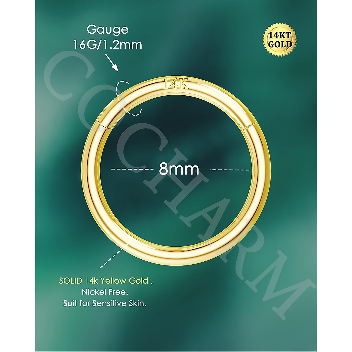 COCHARM 16G 14K Solid Gold Septum Nose Rings Yellow Gold Middle Helix Daith Earring Hoop 8mm Hinged Nose Hoop Nose Rings Yellow Gold Daity Piercing Jewelry