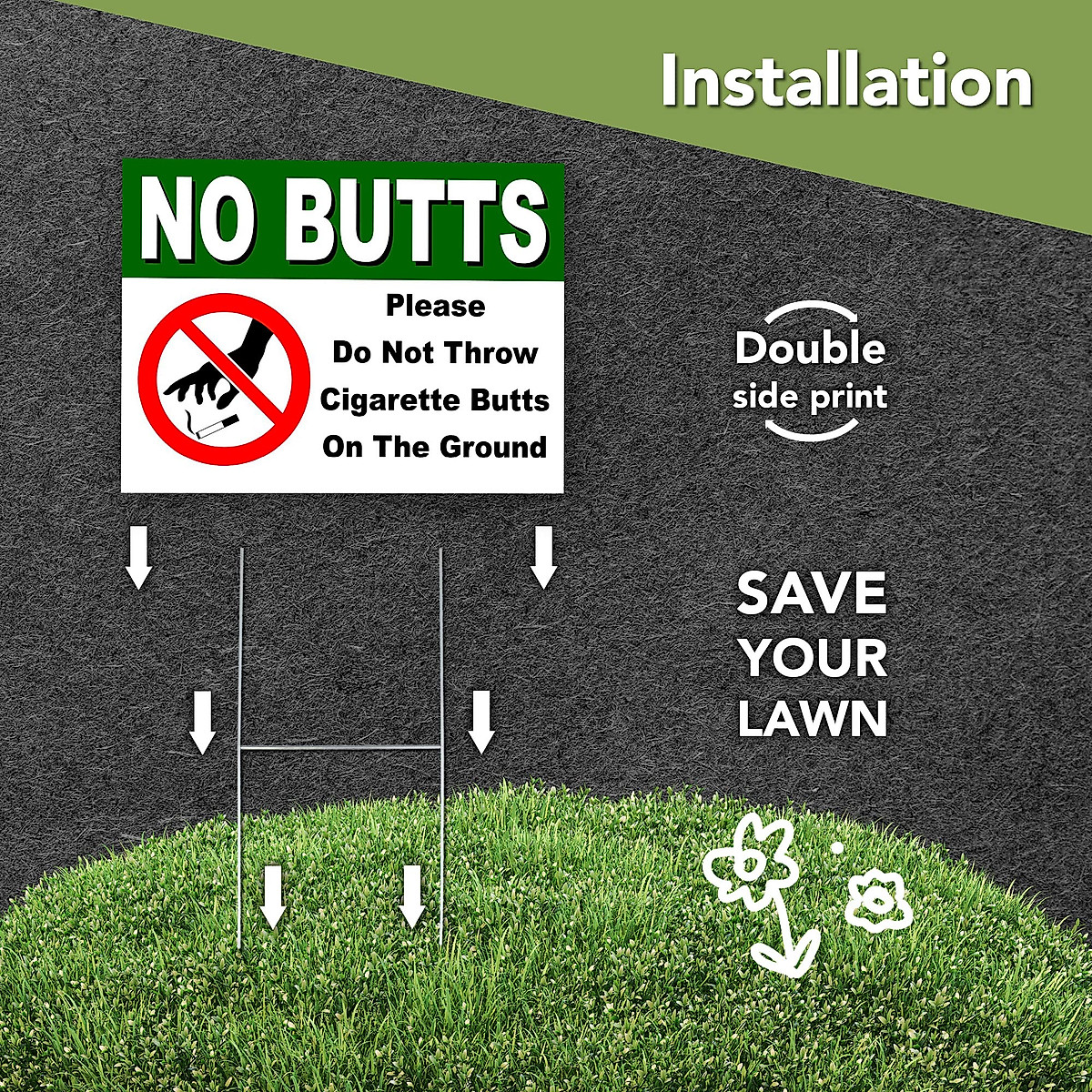 2 PC No Cigarette Butts Signs - 12 x 9 Coroplast No Butts Signage with Stake - No Littering Sign Outdoor - Please Do Not Throw Cigarette Butt Signs