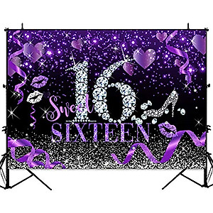 Sensfun Sweet 16 Silver Purple Bokeh Glitter Backdrop 7x5ft for Girls Happy 16th Birthday Party Decorations Banner Diamonds High Heels Sweet Sixteen Photography Photo Booth Props Supplies Background